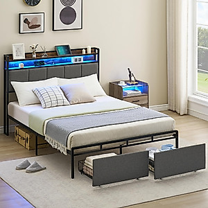 IDEALHOUSE Full Bed Frame with 2-Tier Storage Headboard, Upholstered Platform Bed Frame with 2 Storage Drawers, Built in Charging Station & LED, Noise-Free/Metal Support/No Box Spring Needed, Grey