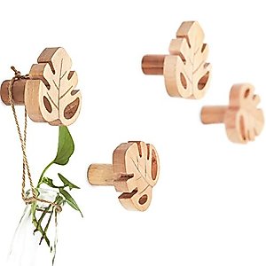 Kelendle 4Pcs Wall Mounted Monstera Wooden Coat Hooks with Mounting Hardware Single Wall Hook Rack Clothes Hanger Organizer (Beech)