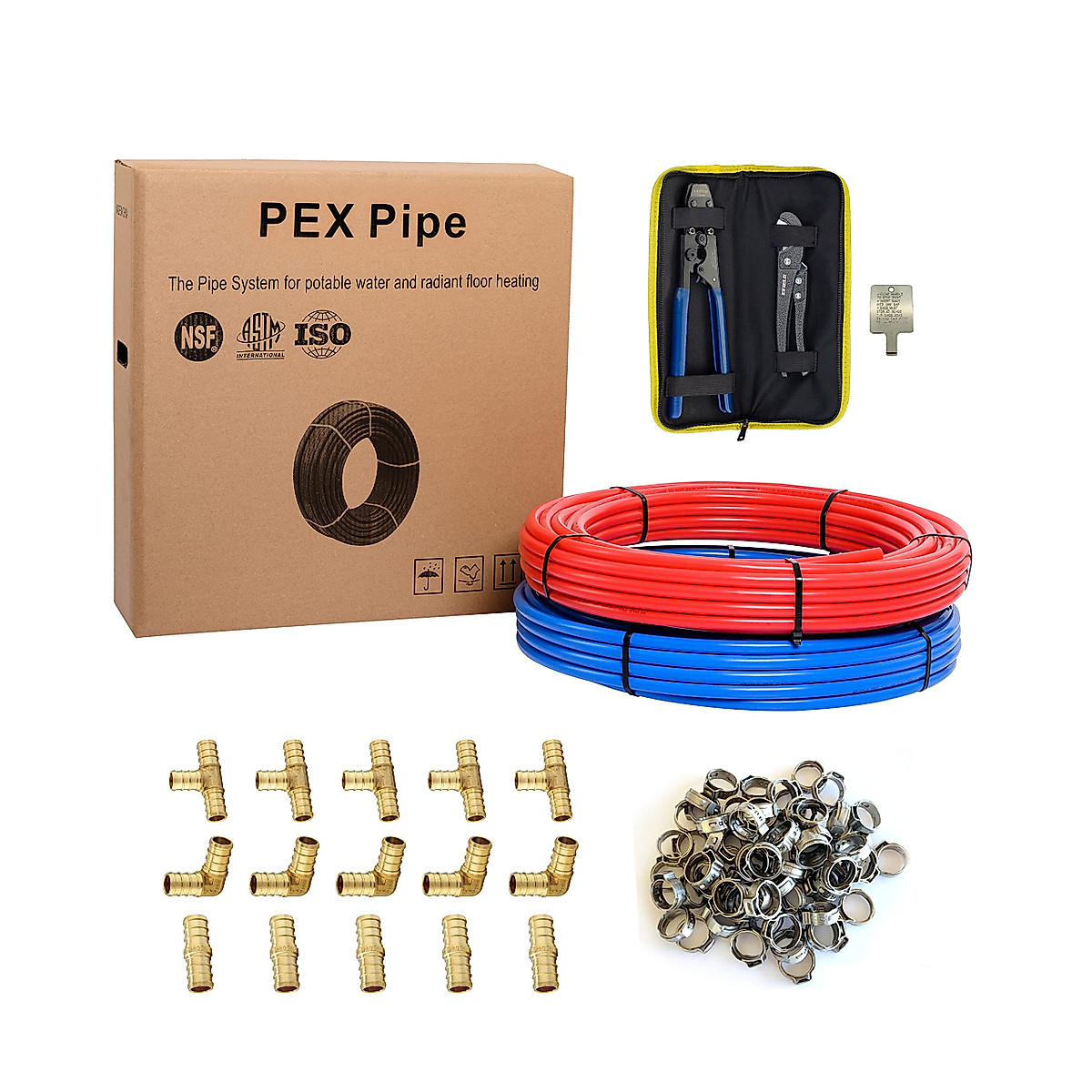 Pex-b Pipe1/2 Inch(2 x75 ft=150 ft, Red & Blue) Fitting DIY Kit, Crimp Fitting, Clamp Tool, Clamps Cutter &Heavy-Duty Canvas Bags