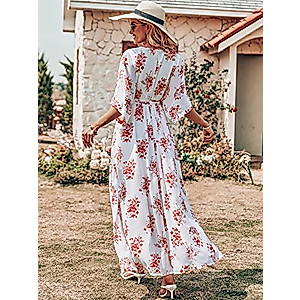 ANRABESS Women Kimono Summer Side Split Wrap V Neck Short Sleeves Maxi Dress Floral Print Beach Dress with Belt 487honghuacao-XL