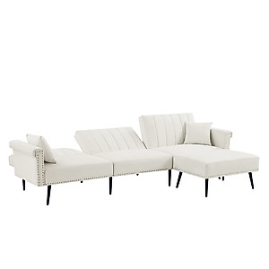 ERYE Elegant White L-Shaped Corner Tufted Sofa Convertible Couch Bed,Velvet Sleeper & Sectional Sofabed W/Reversible Chaise,Movable Ottoman for Home Office Apartment Living Room