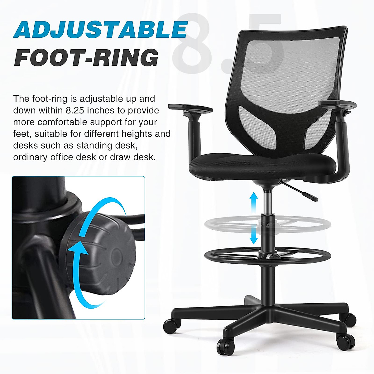 Drafting Chair, Standing Desk Chair with Adjustable Armrests and Foot Ring, Height Adjustable Tall Office Chair with Ergonomic Lumbar Support, 360 Degree Swivel Rolling Chair, Breathable Mesh Chair