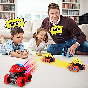 aovowog Monster Truck for Boys, 4 Pack Pull Back Cars, Friction Powered Cars for Kids, Dinosaur Truck Toys for 3 4 5 6 Year Old Boys - Christmas Birthday Party Gift for Kids