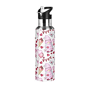 Cute Valentine Gnomes Insulated Water Bottle with Straw Lid Stainless Steel Vacuum Bottles with Handle for Hiking Camping 20 oz BAP-Free
