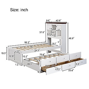Twin Captain Bed with Trundle and Storage Drawers, Wood Platform Bed with Bookcase Headboard, White Bed Frame with Slat Support for Kids Boys Girls Teens
