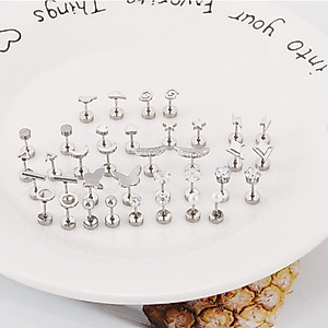 MJust 18 Pairs Stainless Steel Earring Set For Women Men 20G Cartilage Star Moon Triangle Circle Bar Heart Screwback Barbell Geometric Flatback Earrings Set Jewelry (Silver)