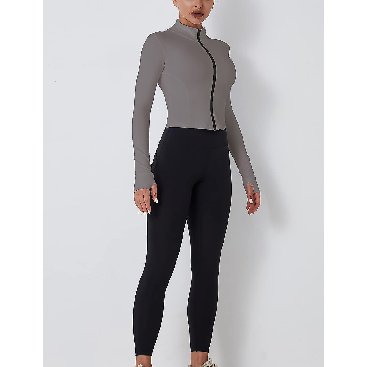 Fenclushy Womens Cropped Slim Athletic Yoga Workout Track Sports Zip Up Jacket with Thumb Holes(khaki,S)