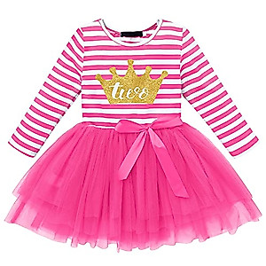 Baby Girls Shinny Stripe Long Sleeve Printed Princess Casual Birthday Tutu Tulle Dress Hot Pink Crown(Two Years)