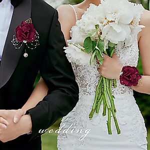 Yerpkefey Wrist Corsage and Boutonniere Set, 2 Wine Red Rose Wrist Corsages for Bridesmaids Flower Girl, Wedding Party for Prom Photo Shoot Bridal