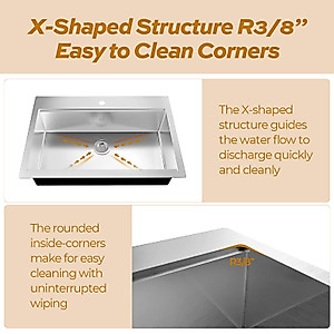TECASA Workstation Kitchen Undermount Sink, 33 inch Drop-in Sink with Faucet Combo, Dual Mount All-in-One Single Bowl Stainless Steel Sink with Integrated Ledge and Accessories (Pack of 5)
