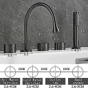 WuDLi Shower Set 5 Hole Bath Shower Mixer Tap Set 360° Swivel Spout Bath Shower Mixer Tap Modern Bath Taps Deck Mounted Dual Lever Bathroom Mixer Tap Bath, Black