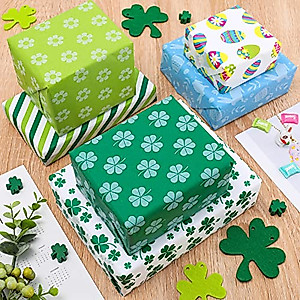 Whaline Easter Tissue Paper Green Blue Gift Wrapping Paper Rabbit Bunny Clover Eggs Flower Art Tissue Paper for Easter St. Patrick's Day DIY Craft Birthday Wedding Decor, 14 x 20 Inch, 90Pcs