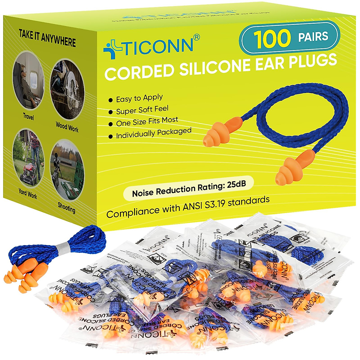 TICONN 100 Pairs Reusable Silicone Ear Plugs for Sleeping Noise Cancelling, 25dB NRR Corded Earplugs for Study Concentration Travel (100 Pairs)