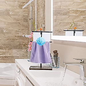 2-Tier Towel Rack Rustic Double T-Shape Ring Hand Towel Holder Wood Base & Black Metal Rack Farmhouse Towel Holder DIY Headband Holder Towel Holder Stand with Hook Bathroom Kitchen Counter Organizer