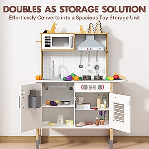 TINYSURE Play Kitchen Set for Kids - Sound and Light Effect Wooden Toy Kitchen Playset with 19 Pcs Toy Food and Cookware Accessories, and Abundant Fun Play Features for Toddlers, Girls, Boys