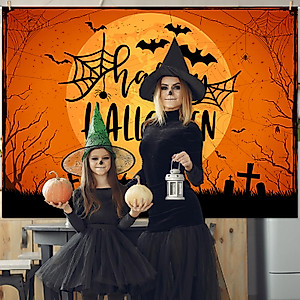 Mocsicka Happy Halloween Backdrop Orange Night Moon Graveyard Background Spooky Pumpkin Spider Web Halloween Party Cake Table Decoration Banner Photo Booth Props (7x5ft)
