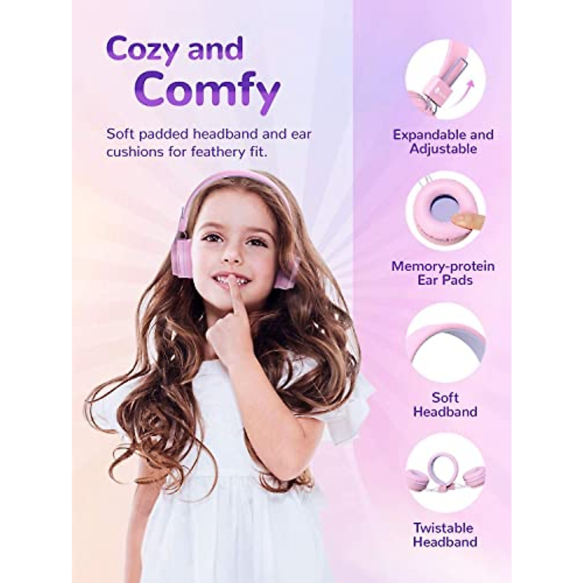 iClever BTH03 Kids Bluetooth Headphones Safe Volume, Colorful LED Lights, 25H Playtime, Stereo Sound Mic, Bluetooth 5.0, Foldable, On Ear Kids Wireless Headphones for Tablet Airplane (Pink)