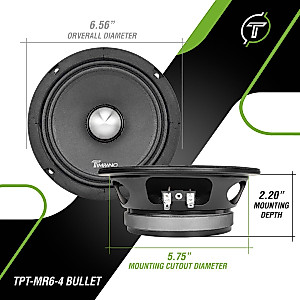 Timpano 1500 Watts Bundle 2X 6.5 TPT-MR6-4 Bullet Midrange Speaker 500 Watts 4 Ohm + 2X Super Tweeters TPT-ST2 Chrome for Car Audio Systems (2 Speakers, 2 tweeters)