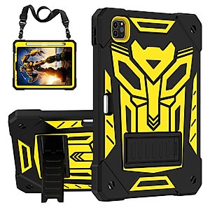 HAIKEDZ Case for iPad Pro 11 inch (4th/3rd/2nd/1st Gen), iPad Air 5th/4th Generation Case with Pencil Holder Kickstand Shoulder Strap Shockproof, iPad Air 10.9" Cover for Kids Boys (Black+Gold)