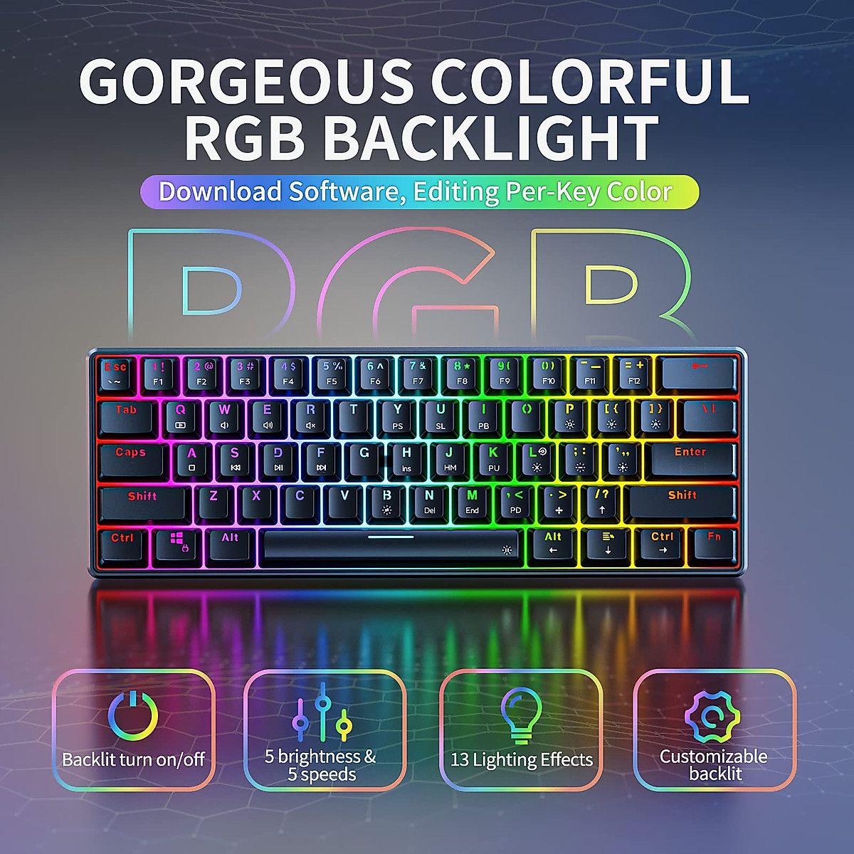 Punkston TH61 60% Mechanical Gaming Keyboard,RGB Backlit Wired Ultra-Compact Mini Mechanical Keyboard Full Keys Programmable Black
