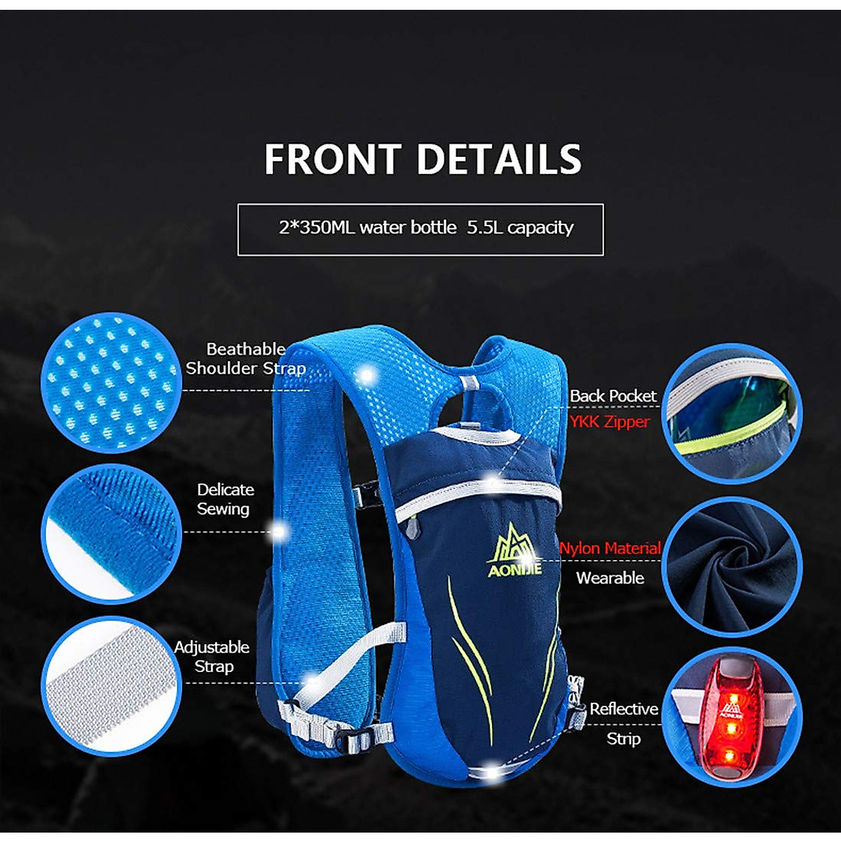 AONIJIE Lightweight Unisex 5.5L Running Race Hydration Vest Hydration Pack Backpack Riding Bag (Blue+2pcs 250ml Bottle)