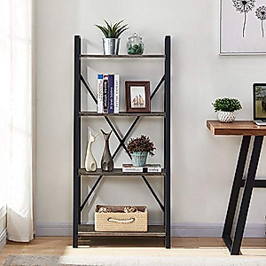 BON AUGURE Rustic Ladder Bookshelf, 4 Tier Industrial Ladder Shelf Bookcase, Standing Leaning Book Shelves for Living Room (Dark Gray Oak)