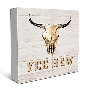 SRADMO Yee Haw Retro Western Bull Head Skull Wood Box Sign Desk Decor，Retro Western Cowboy Cowgirl Rodeo Theme Wooden Block Box Sign Decoration For Western Home Office Shelf Table Decor