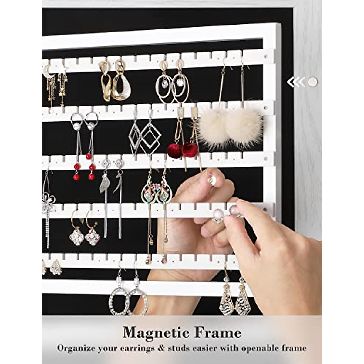 Nicetree 6 LEDs Mirror Jewelry Cabinet with 3 Improvements, 4.2" D Lockable Mirror with Jewelry Storage, Door/Wall Mounted Jewelry Organizer Mirror, Larger Capacity, White