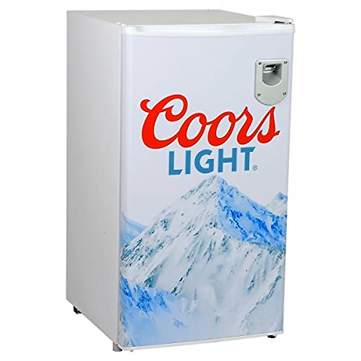 Coors Light Rocky Mountain 3.2 cu ft (90L) refrigerator Compact Fridge Bottle Opener White Space Saving Flat Back Design Reversible Door Adjustable Temperature Control Tempered Glass Shelves Office RV