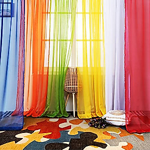 WPM 6 Piece Rainbow Sheer Window Panel Colorful Backdrop Bright Curtains Set for Playroom, Nurseries, Bedroom Lime, Orange, Red, White, Bright Yellow, Navy Drapes Kids (84" Long)