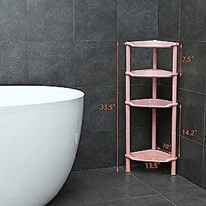 4 Shelf Corner Shower Caddy, Rustproof, Plastic Shower Organizer for Bathroom, Bathtub, Shower pan, Bath Accessories Shower Caddies, 13.5 x 10 x 33.5 Inches, Pink (Round Slot Pink 4 Tier)