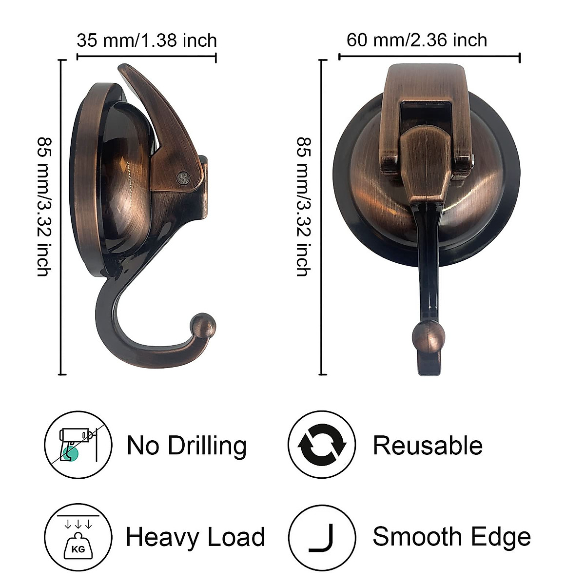 YSSILADI Suction Cup Hooks Heavy Duty Vacuum Suction Shower Hooks Glass Suction Cup Hooks Bathroom Robe Hooks Reusable, No Hole Punched, for Garland Decoration (2 Pack, Antique Brass)