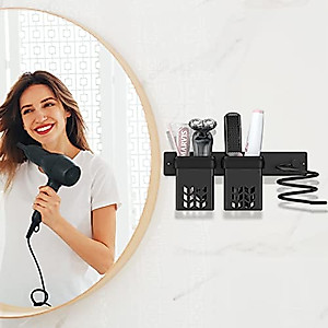 RIUOTA Hair Dryer Holder, Hair Tool Organizer, Blow Dryer Holder Wall Mounted, Hair Dryer Organizer, Storage Bracket with Plug Hook & Cup for Bathroom Hotel Bedroom