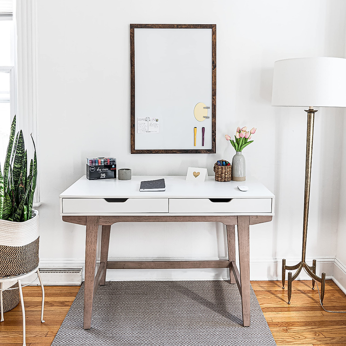 Loddie Doddie Magnetic White Board 24" x 36" - Magnetic Dry Erase Board with Built-in Marker Tray - Rustic Wooden Frame