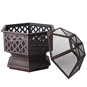 OKIDA Hex-Shaped Fire Pit Iron Brazier Wood Burning Coal Pit Bonfire Firebowl Stove Outdoor Metal Fireplace with Mesh Screen Cover Poker for Patio Backyard Garden Beach Camping Picnic 24in Bronze
