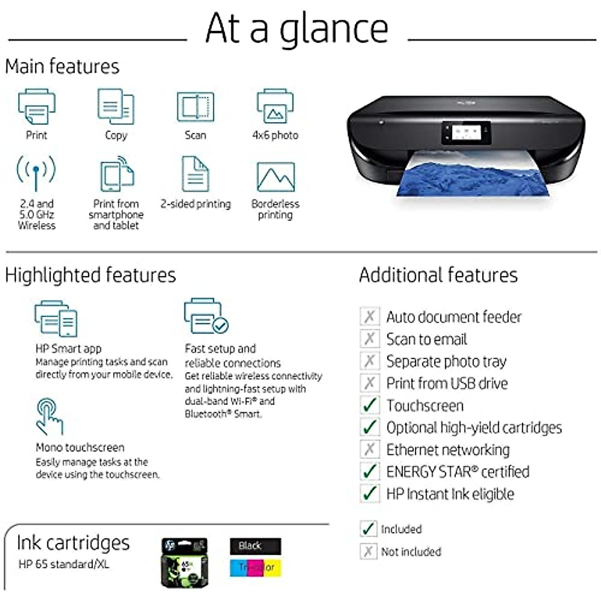 HP Envy 5055 Wireless All-in-One Color Photo Inkjet Printer, Black - Print Scan Copy - 2.2" Touchscreen LCD, 10 ppm, 1200 x 1200 dpi, Auto 2-Sided Printing, Borderless Printing, Bluetooth, USB