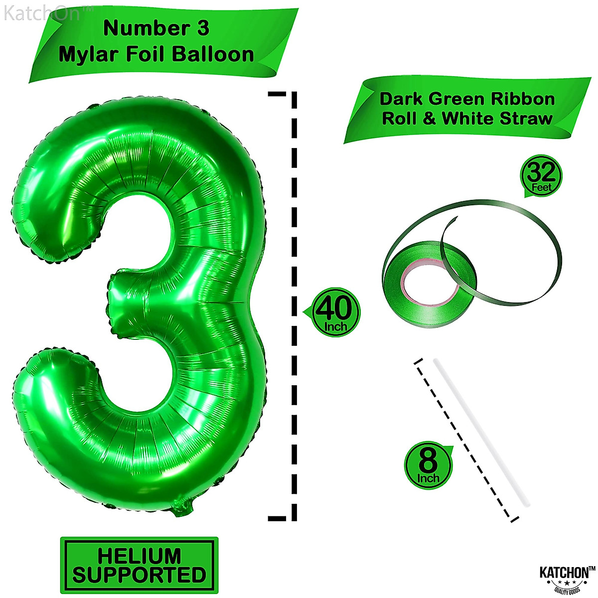 KatchOn, Giant Dark Green Number 3 Balloon - 40 Inch | Three Rex Birthday Party Decorations | Green 3 Balloon Number for Dinosaur Balloons | Green Three Balloon for Three Rex Birthday Decorations Boy