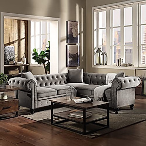 SZUBEE 8080" L Shaped Sectional Sofa Living Room Furniture Deep Button Tufted Velvet Upholstered Rolled Arm Classic Chesterfield 3 Pillows Included, Grey
