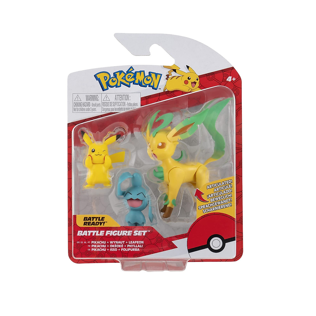 Pokemon PKW0178 3 Pack-Features 2 Pikachu, Wynaut & 3-Inch Leafeon Battle Figures-Authentic Details, Multi