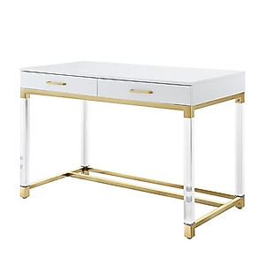 Posh Briar 2-Drawer Metal Writing Desk with Acrylic Legs in White/Gold