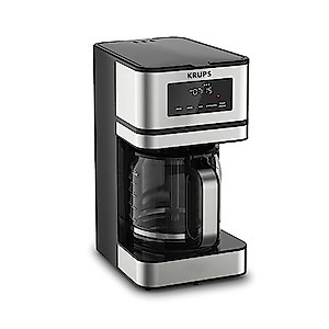 KRUPS Simply Brew Stainless Steel and Glass Carafe Drip Coffee Maker 14 Cup Programmable, Customizable, Digital Display, Warming Function Coffee Filter, Dishwasher Safe, Drip Free Silver and Black