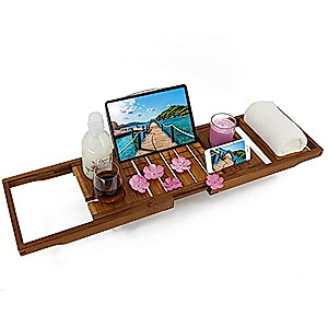 Utoplike Teak Bathtub Caddy Tray Bath Tray for Tub,Unique Bathtub Organizer with Book Tablet Wine Glass Cup Towel Holder,Adjustable, for Your Loved
