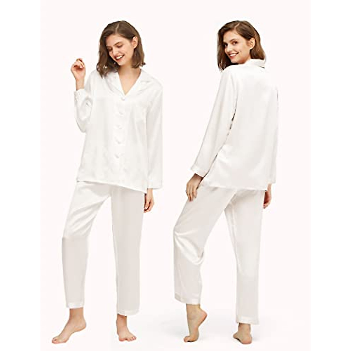 LilySilk Silk Pajamas for Women Button Up Pajamas Set for Ladies Girls Soft Maternity Pajamas Birthday Bridal Party Gift for Christmas Anniversary Valentine's day, Natural White M