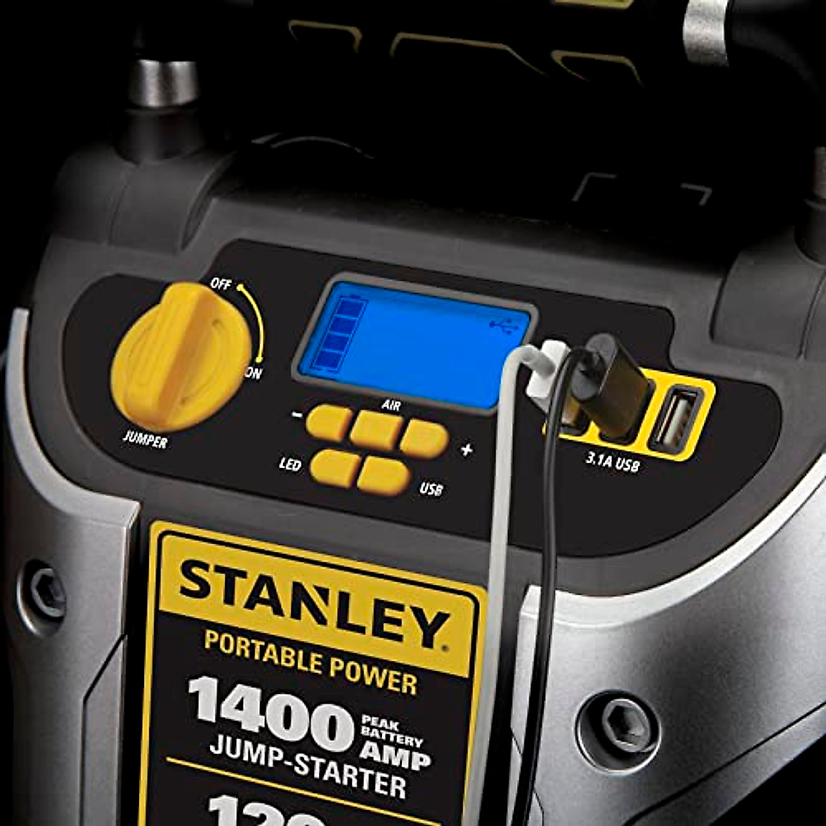 STANLEY J7C09D Digital Portable Power Station Jump Starter: 1400/700 Instant Amps, 120 PSI Air Compressor, 3.1A USB Ports, Battery Clamps