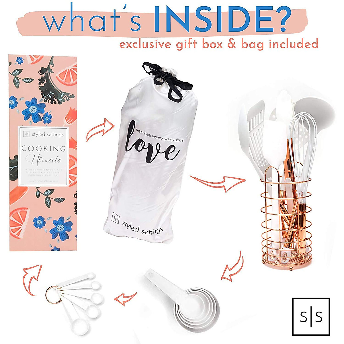 White and Copper Kitchen Utensils - 18 PC Copper Cooking Utensils Set Includes Copper Utensil Holder, White & Copper Measuring Cups and Spoons, Rose Gold Kitchen Utensils - Copper Kitchen Accessories