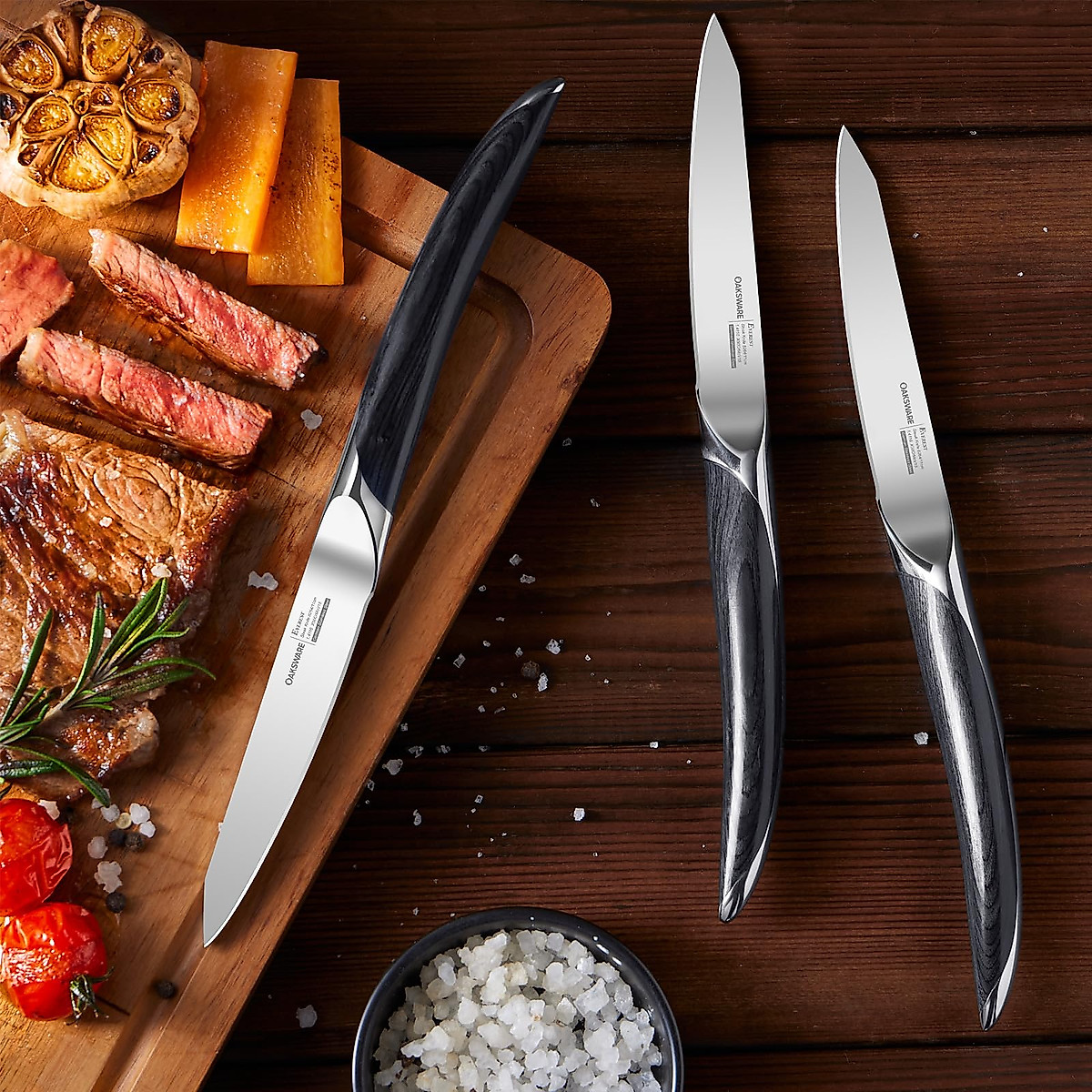 OAKSWARE Non Serrated Steak Knives Set of 8, 5 Inch German High Carbon Steel Steak Knife for Kitchen, Sharp Knives with Full-Tang Ergonomic Handle, Black