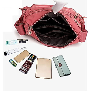 YaJaMa Multi Zipper Women Crossbody Bag Large Capacity Nylon Travel Shoulder Messenger Bag Handbag Satchel (Pink)