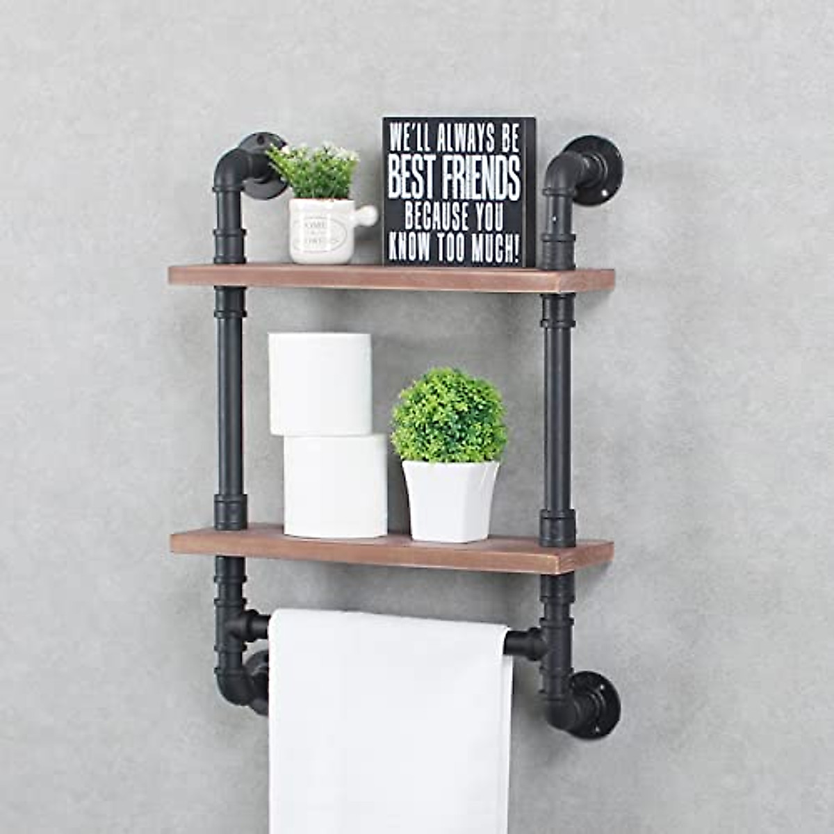 Industrial Pipe Shelving Bathroom Shelves Wall Mounted, 2-Layer 24in Rustic Wood Shelf with Towel Bar,Farmhouse Towel Rack Metal Floating Shelves Towel Holder (TypeA, Black)