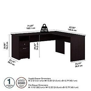 Bush Furniture Cabot 72W L Shaped Computer Desk with Drawers in Espresso Oak