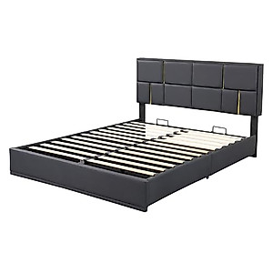 Goohome Modern Queen Size Upholstered Platform Bed with Hydraulic Storage System, Lift Up Storage Bed Queen Size with Headboard, Sturdy Wooden Platform Bed Frame for Teens Adults, Space Saving